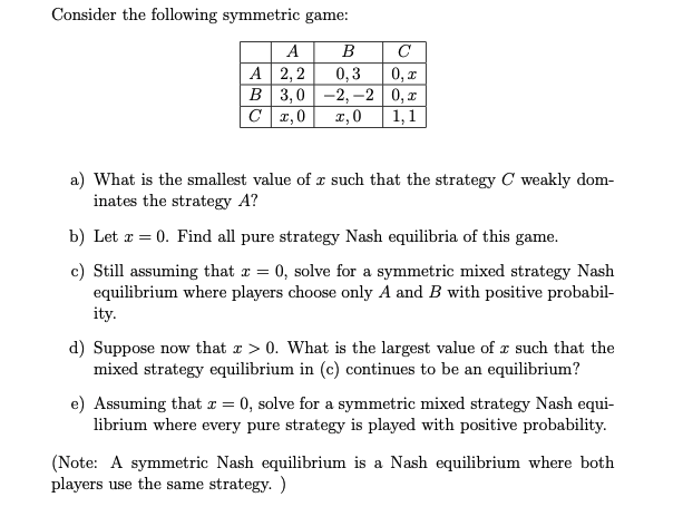 Solved Consider the following symmetric game:a) ﻿What is the | Chegg.com