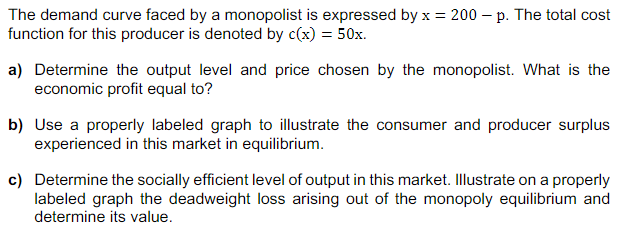 Solved The demand curve faced by a monopolist is expressed | Chegg.com