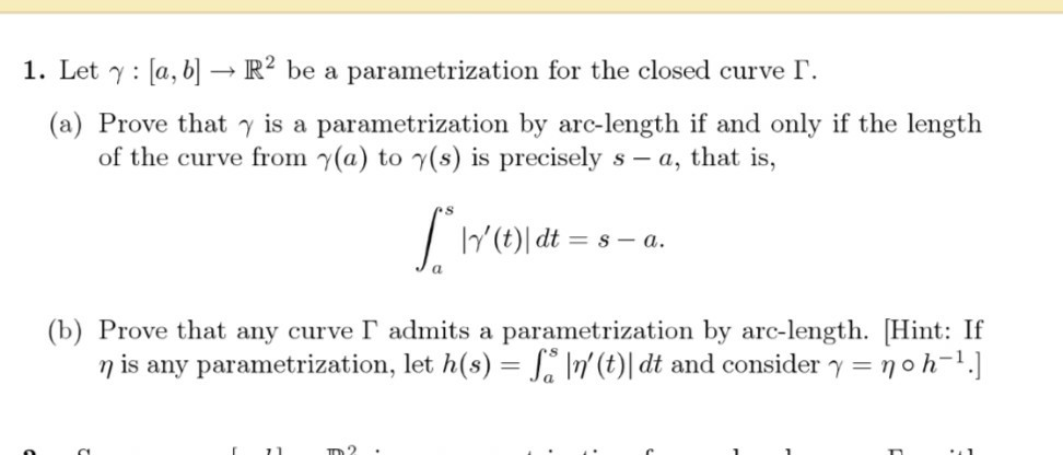 Solved 1. Let y : [a, b] → R2 be a parametrization for the | Chegg.com
