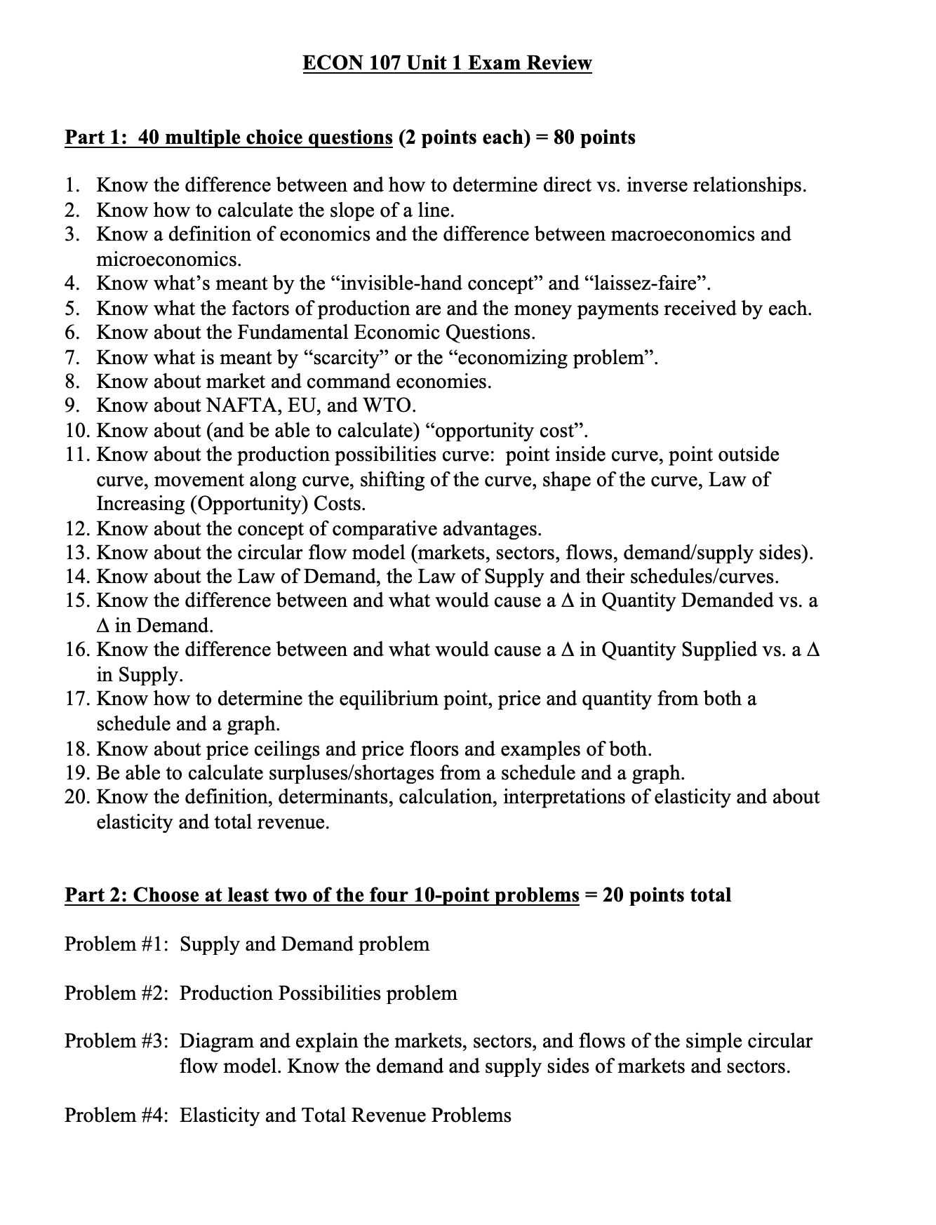 Solved ECON 107 Unit I Exam Review Part 1: 40 multiple | Chegg.com