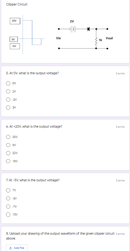 Solved Clipper Circuit 20V 2v 40 OV Vin E Vout 1k -5V 5. At | Chegg.com