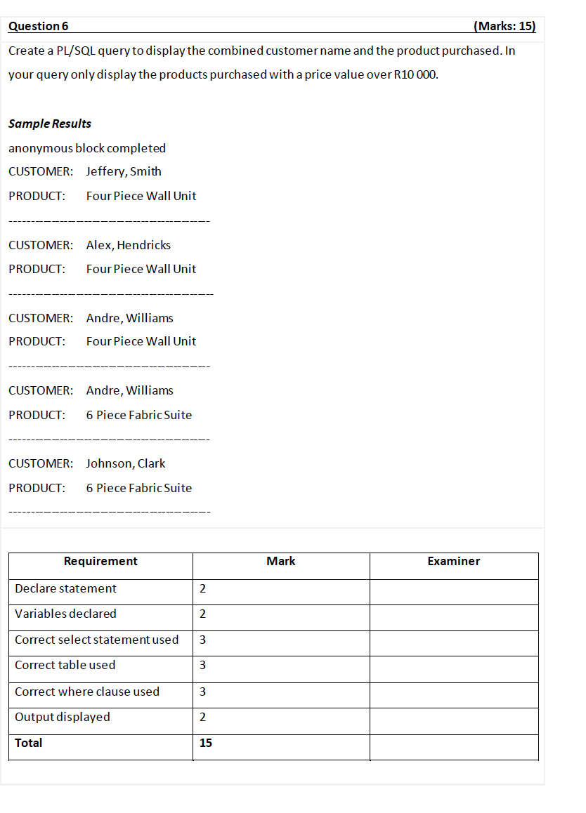 Question 6 (Marks: 15) Create a PL/SQL query to | Chegg.com