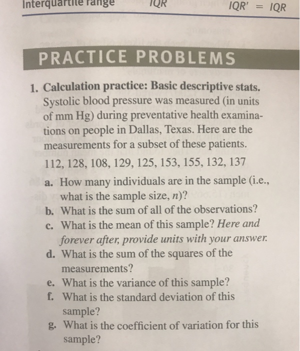 Solved Interquartite range IQR IQR' IQR PRACTICE PROBLEMS 1. | Chegg.com