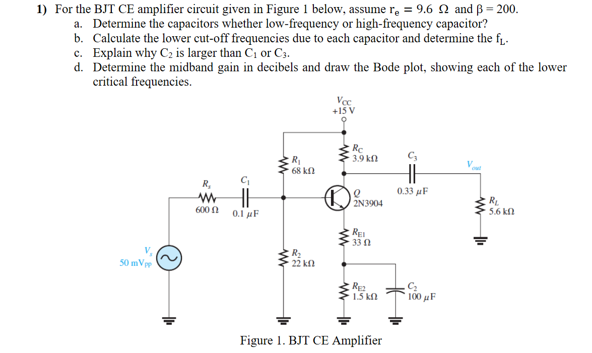 Solved 1) For the BJT CE amplifier circuit given in Figure 1 | Chegg.com