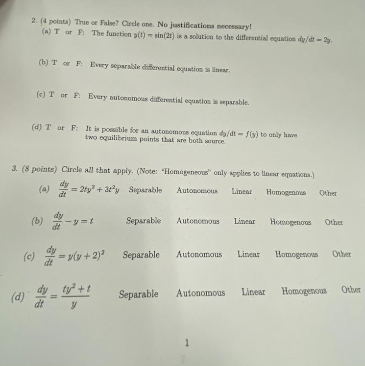 Solved 2. (4 points) True or False? Circle one. No | Chegg.com