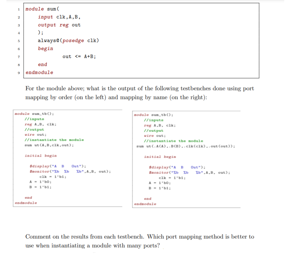 1 2 3 4 5 module sum input clk, A,B, output reg out | Chegg.com