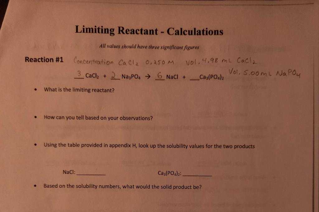 Limiting Reactant - Calculations All values should | Chegg.com