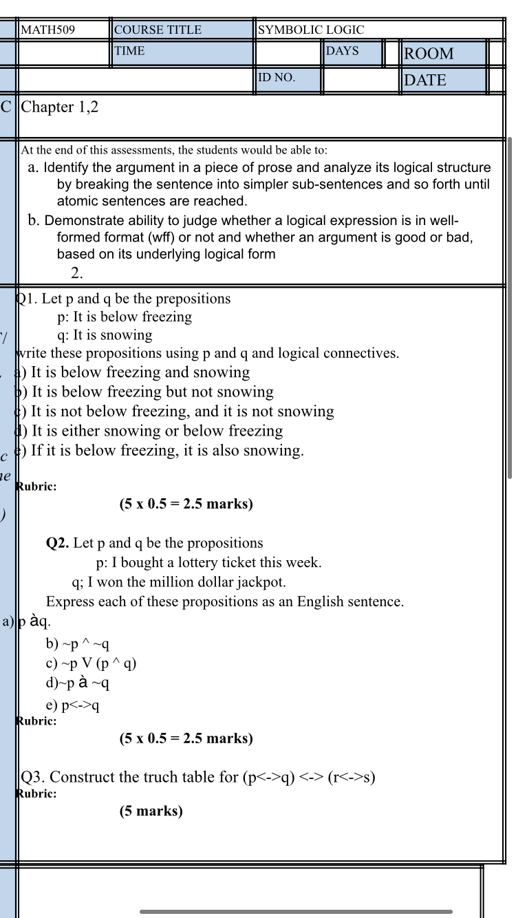 Solved MATH509 COURSE TITLE SYMBOLIC LOGIC TIME DAYS ROOM ID | Chegg.com