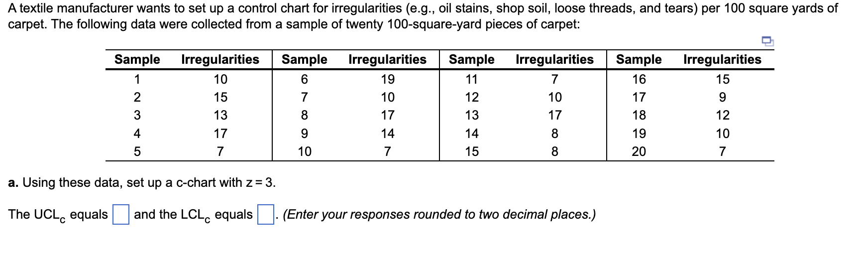 Solved a. Using these data, set up a c-chart with z=3. The | Chegg.com