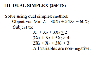 Solved III. DUAL SIMPLEX (25PTS) Solve using dual simplex | Chegg.com
