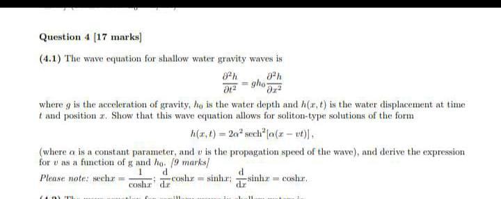 (4.1) The wave equation for shallow water gravity | Chegg.com