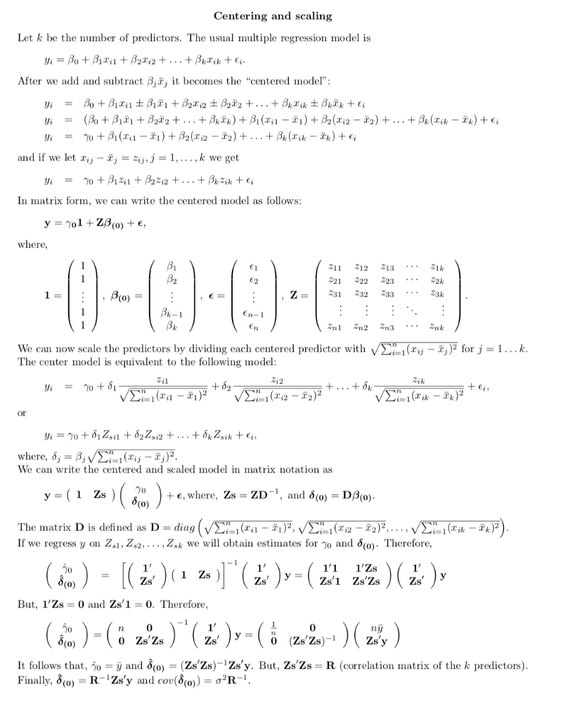 Centering and scaling Let k be the number of | Chegg.com