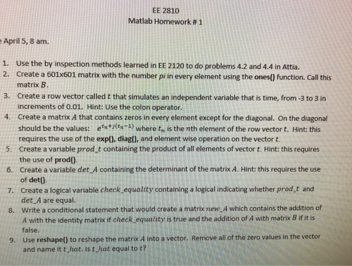 Solved EE 2810 Matlab Homework # 1 April 5, 8 am. Use the by | Chegg.com