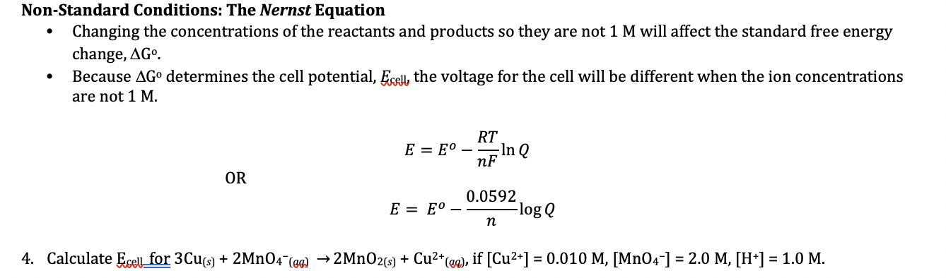 Solved Non-Standard Conditions: The Nernst Equation Changing | Chegg.com