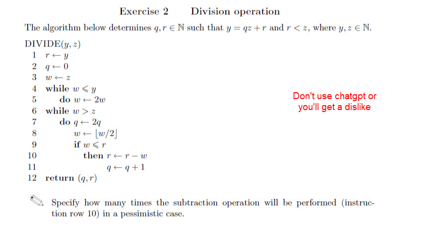 Solved The algorithm below determines q,r∈N such that y=qz+r | Chegg.com