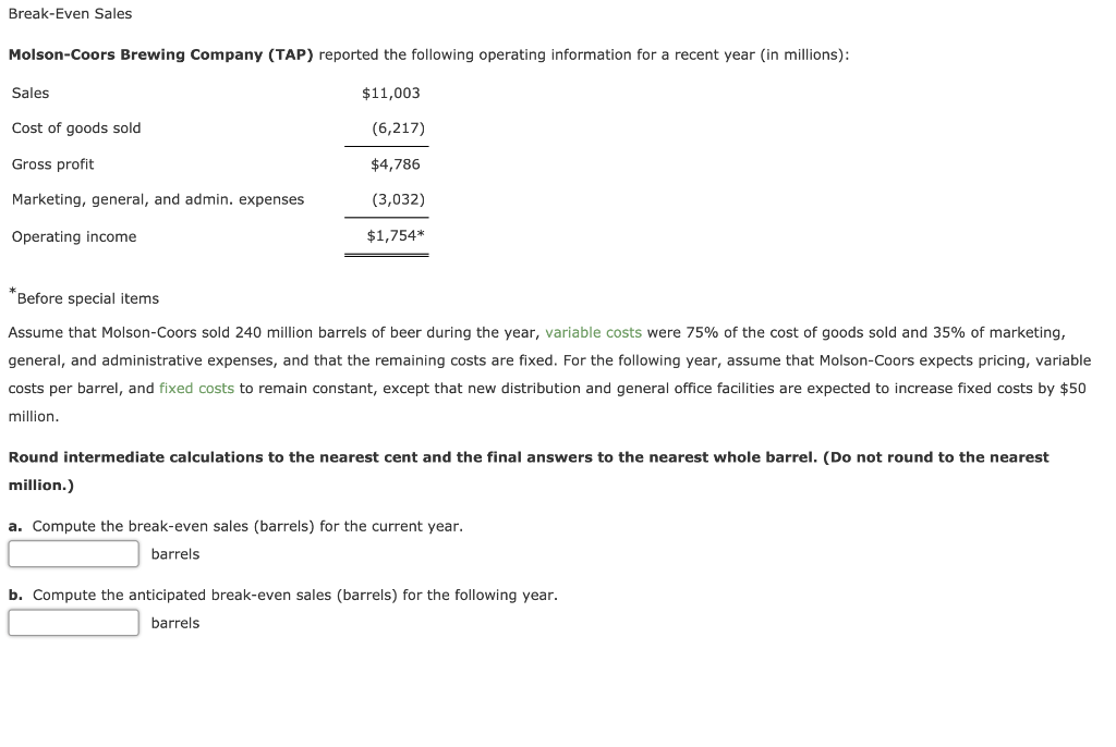 Solved Break-Even Sales Molson-Coors Brewing Company (TAP) | Chegg.com