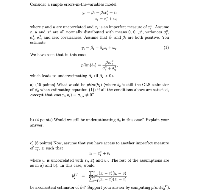 (1) Consider a simple errors-in-the-variables model: | Chegg.com