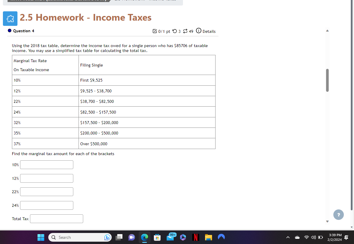 Solved 2.5 ﻿Homework - ﻿Income TaxesQuestion 401 ﻿pt | Chegg.com