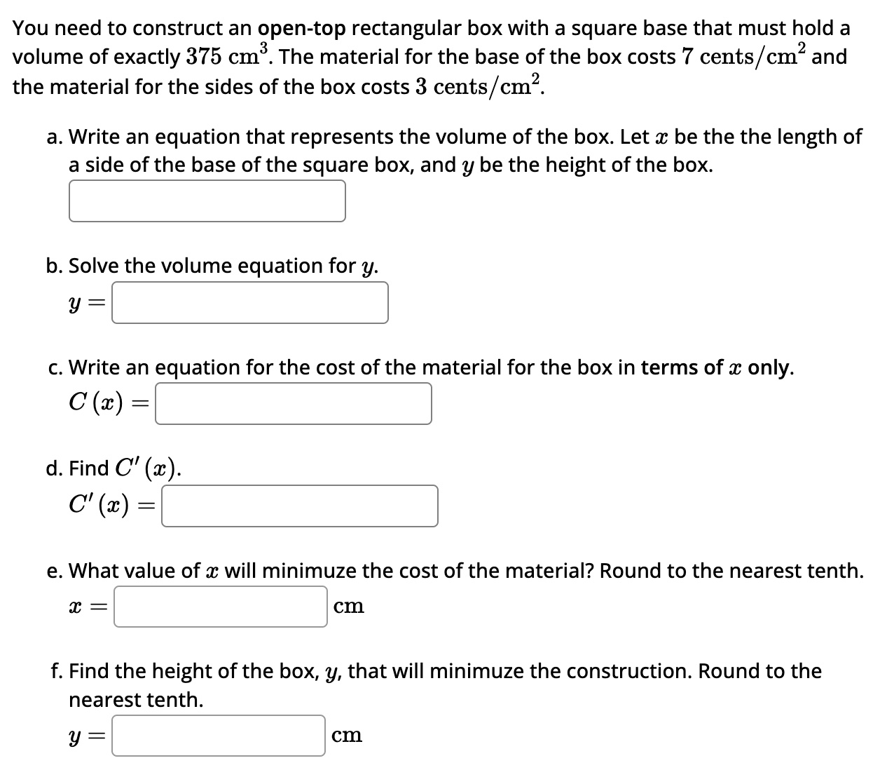 Solved You need to construct an open-top rectangular box | Chegg.com