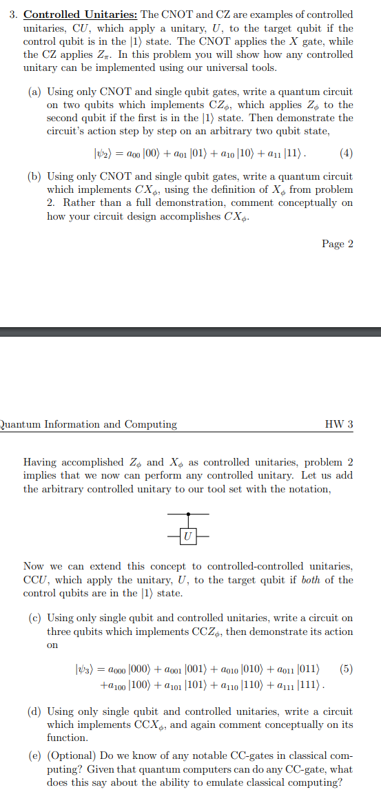 3. Controlled Unitaries: The CNOT and CZ are examples | Chegg.com