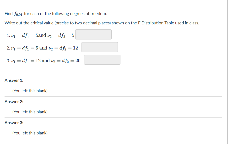 Solved For v1 = df1 = 7 and vz = df2 = 10 and a = 0.05, find | Chegg.com
