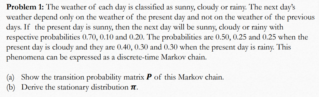 Solved Problem 1: The weather of each day is classified as | Chegg.com