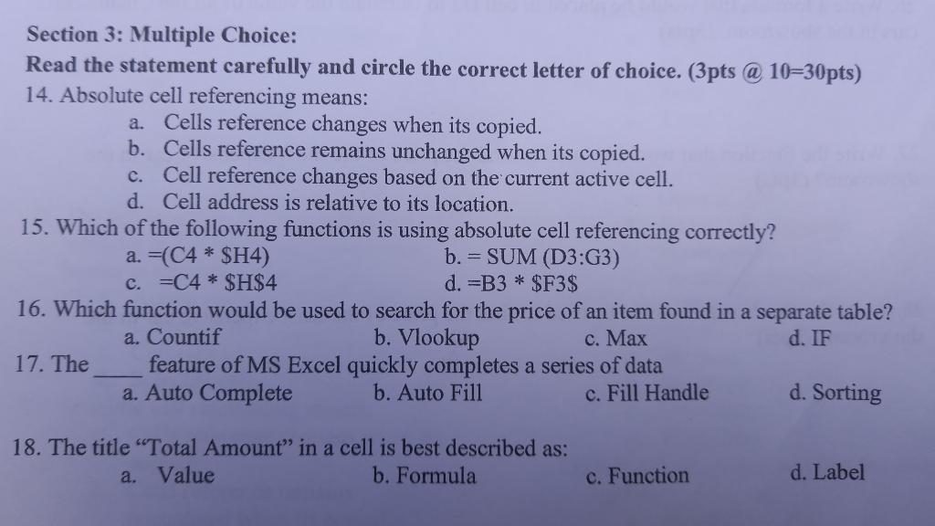 Solved Section 3: Multiple Choice: Read the statement | Chegg.com