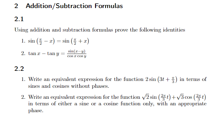 Addition Subtraction Formulas