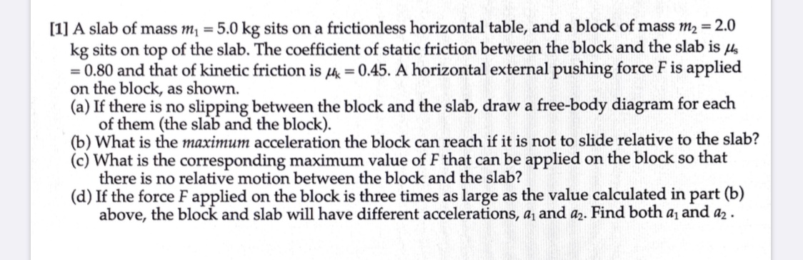 Solved A slab of mass m1=5.0kg sits on a frictionless | Chegg.com
