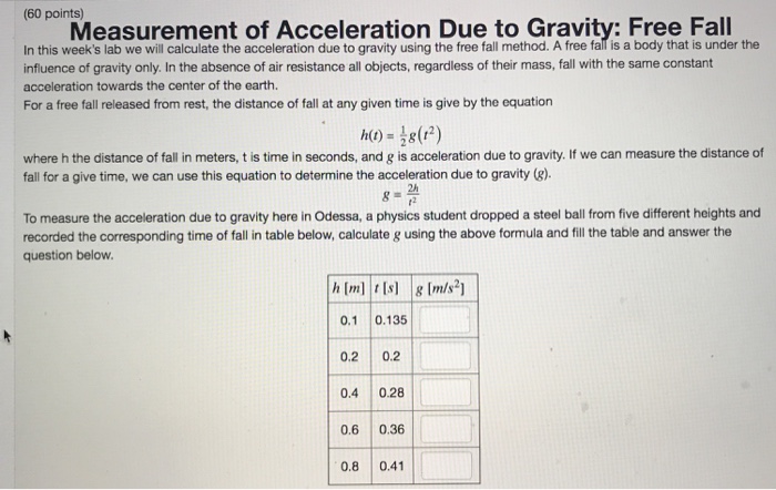 Solved (60 points) Measurement of Acceleration Due to | Chegg.com