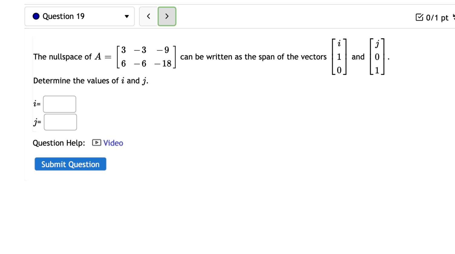Solved The nullspace of A=[36−3−6−9−18] can be written as | Chegg.com