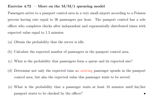 Solved Exercise 4.72 -More on the M/M/1 queueing model | Chegg.com