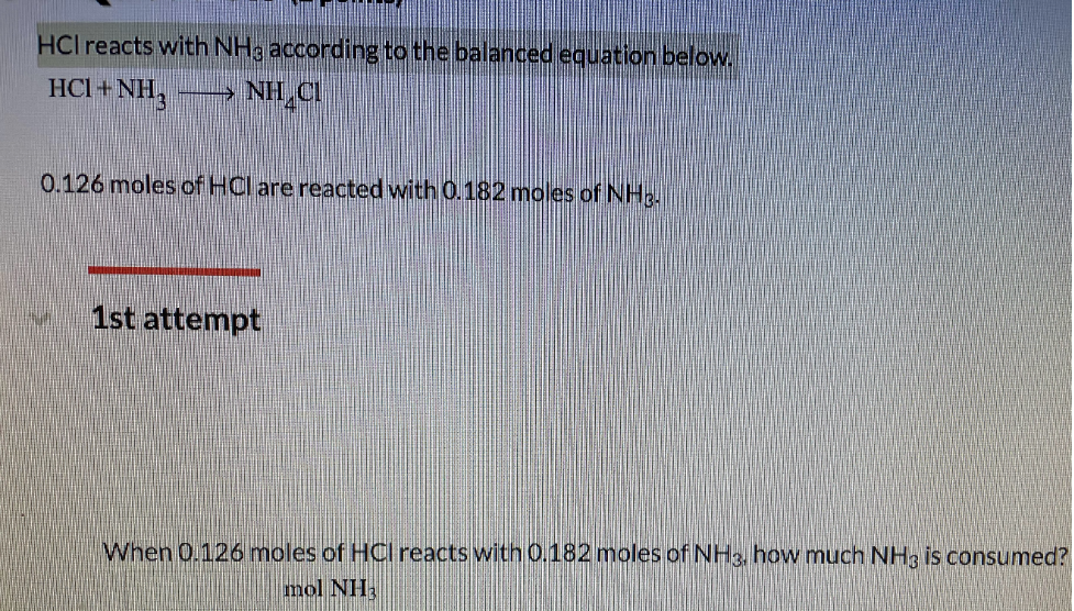 Solved HCl reacts with NHg according to the balanced | Chegg.com