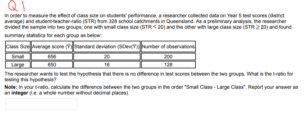 Solved Q1 In order to measure the effect of class size on | Chegg.com