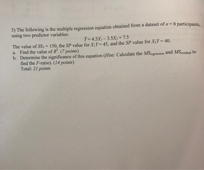 Solved the following is the multiple regression equation | Chegg.com