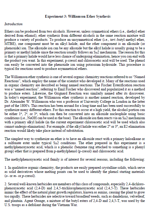 Solved Experiment 3: Williamson Ether Synthesis Introduction | Chegg.com