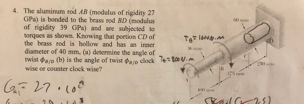 Solved 60 min 4. The aluminum rod AB (modulus of rigidity 27 | Chegg.com