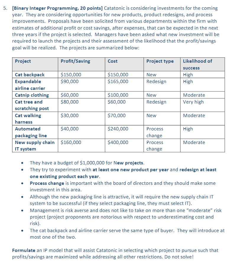 Solved 5. (Binary Integer Programming, 20 points] Catatonic | Chegg.com