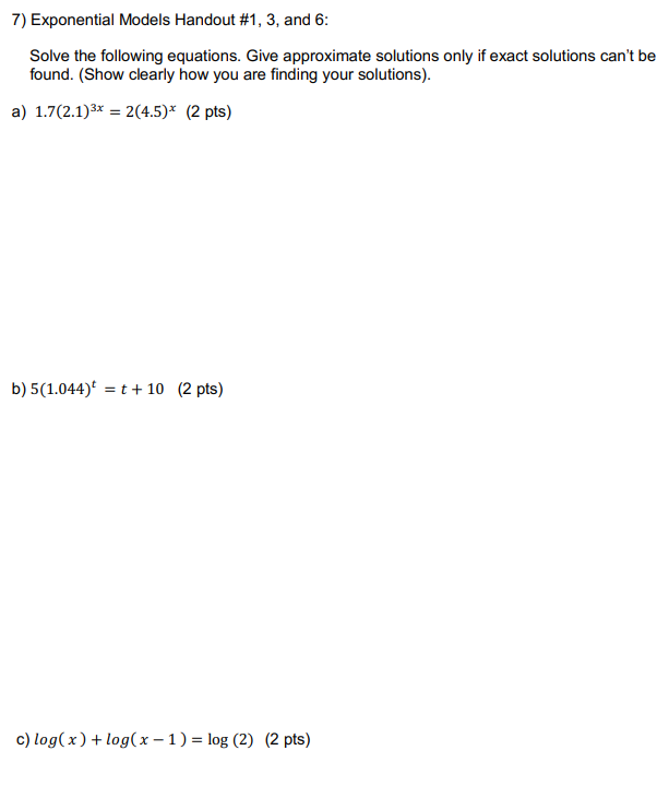 Solved 7) Exponential Models Handout #1, 3, and 6: Solve the | Chegg.com