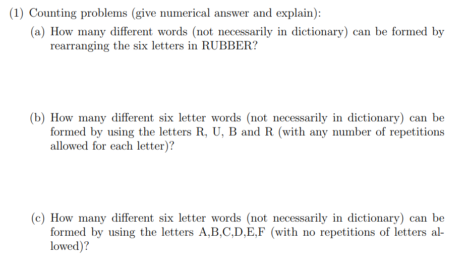 Solved Counting problems (give numerical answer and | Chegg.com