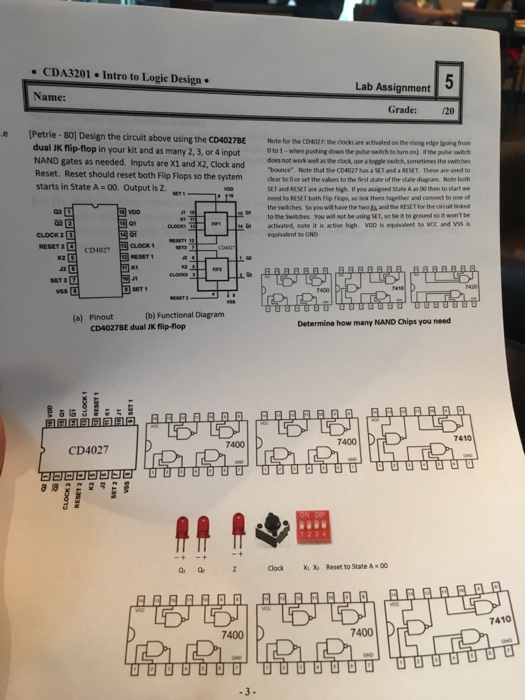 Design the circuit above using the CD4027BE dual JK | Chegg.com