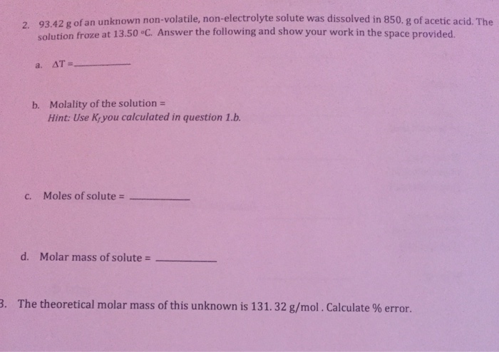 Solved 93.42 g of an unknown non-volatile, non-electrolyte | Chegg.com
