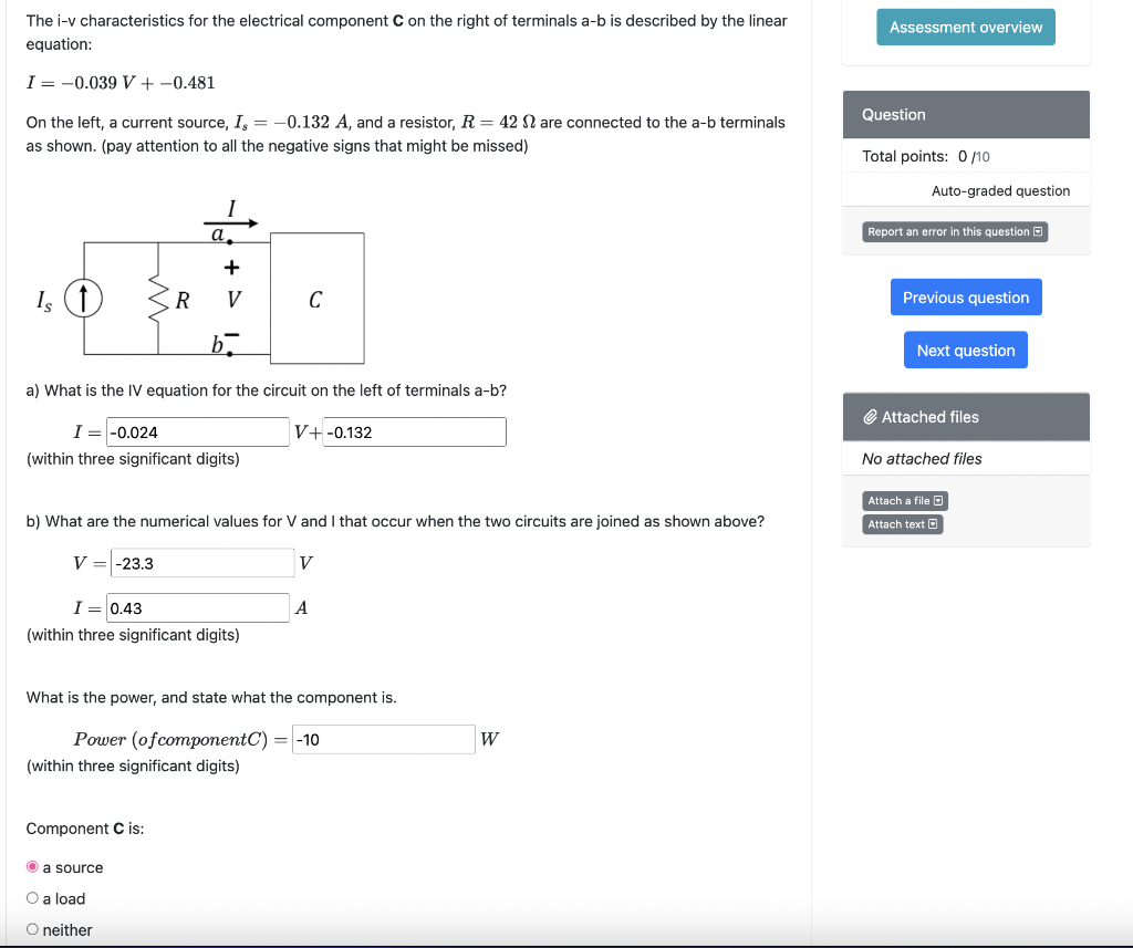Solved The i-v characteristics for the electrical component | Chegg.com