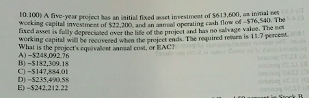 Solved 10.100) A five-year project has an initial fixed | Chegg.com