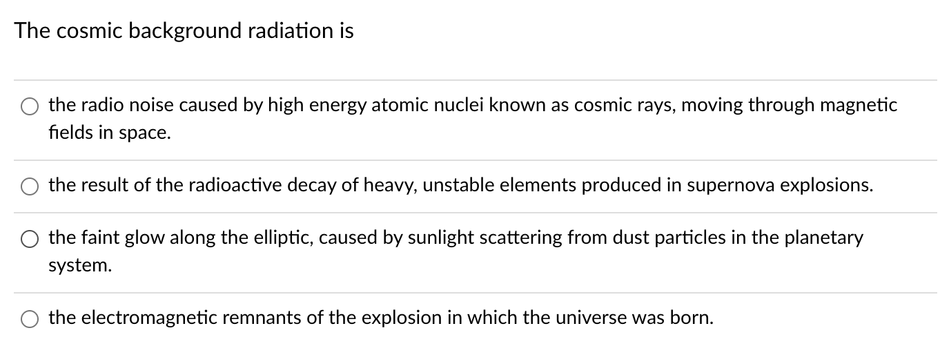 Solved The cosmic background radiation is the radio noise | Chegg.com