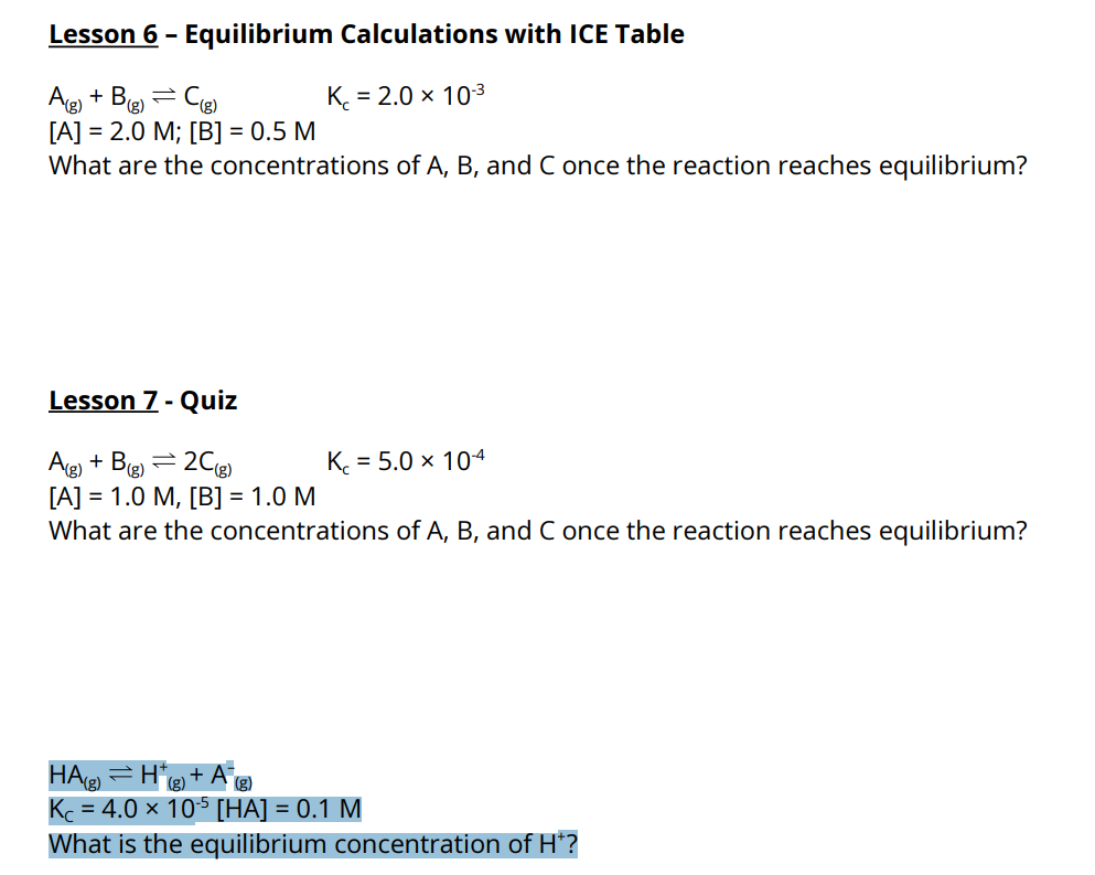 Solved Lesson 6 - Equilibrium Calculations with ICE Table | Chegg.com