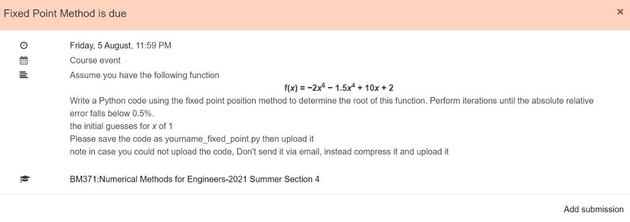 Solved Fixed Point Method is due Friday, 5 August, 11:59 PM | Chegg.com