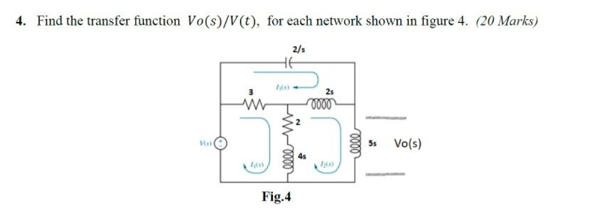 Solved 4. Find the transfer function Vo(s)/V(t), for each | Chegg.com