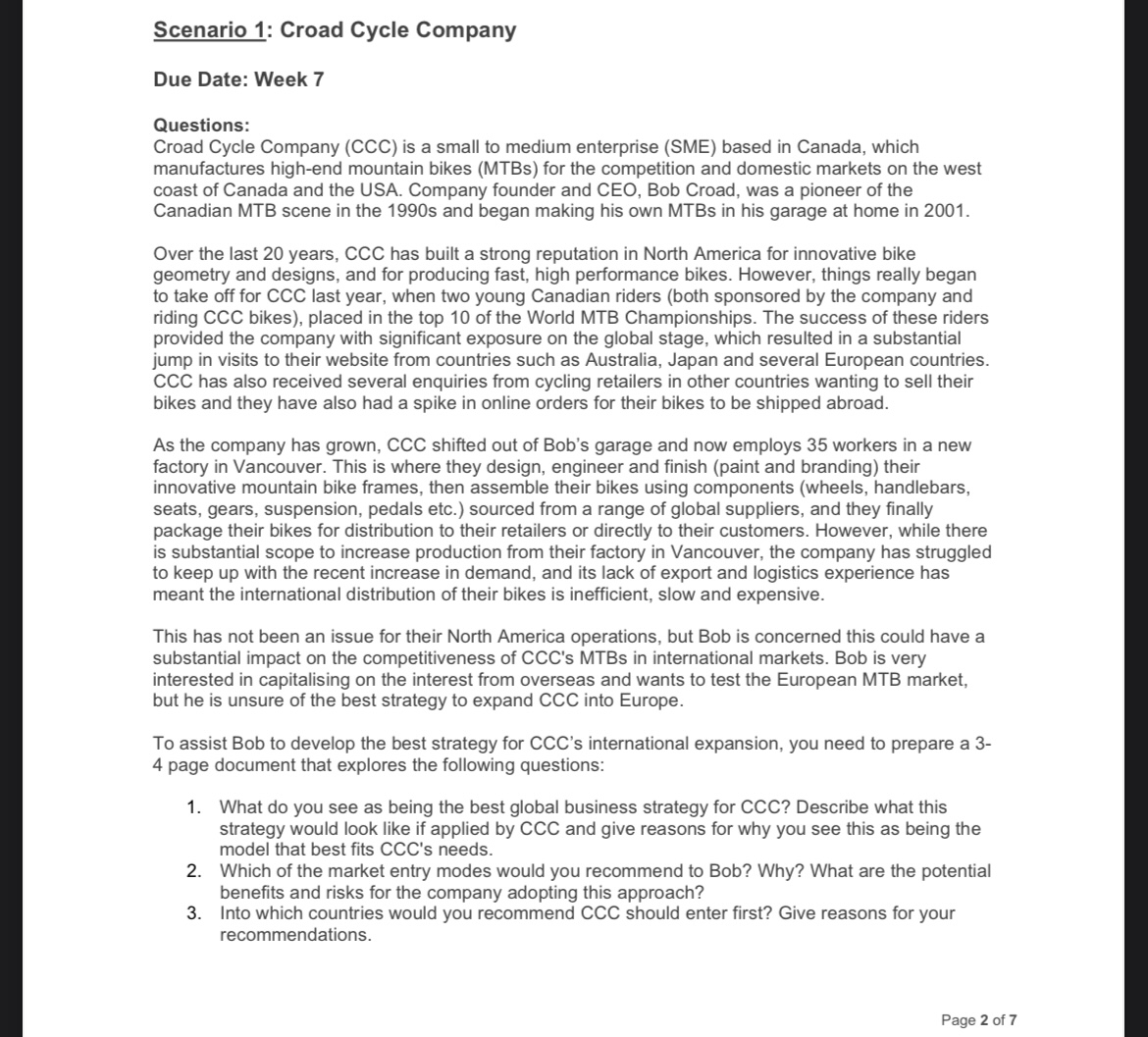 Solved Scenario 1: Croad Cycle CompanyDue Date: Week | Chegg.com
