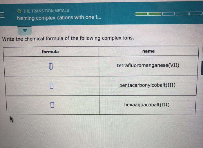 Solved O THE TRANSITION METALS Naming complex cations with | Chegg.com